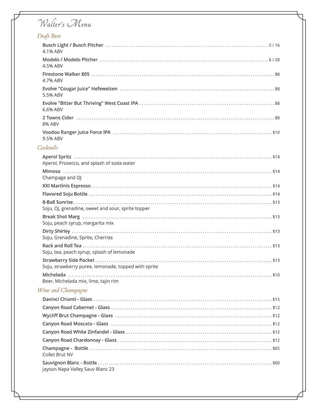 Menu | Walter's Billiards