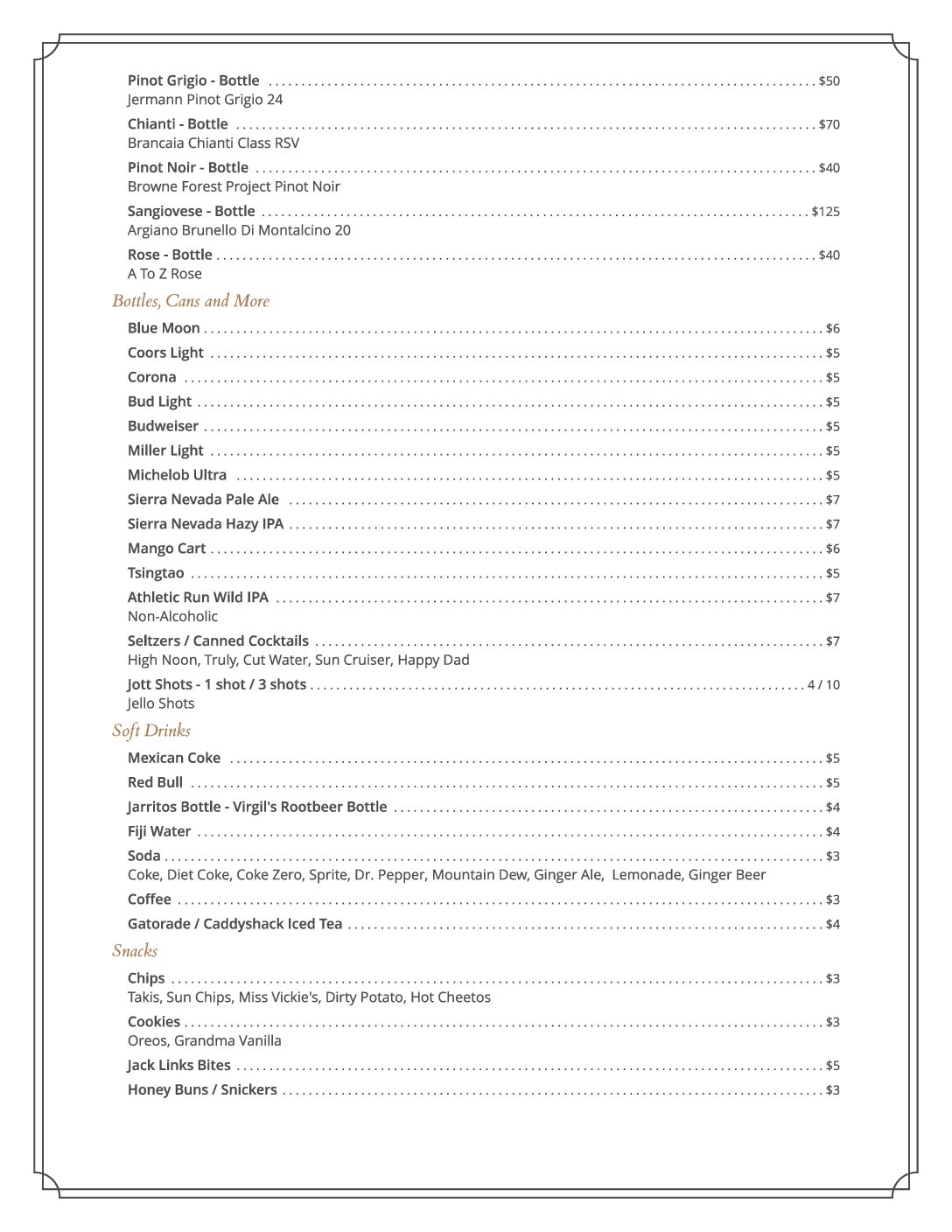 Menu | Walter's Billiards